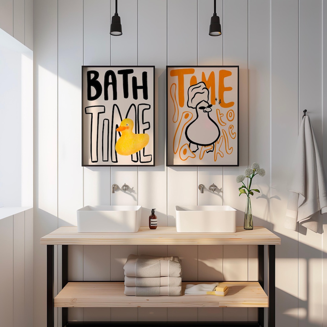 Playful Bathroom Art Set | Bath Time Rubber Duck & Time to Sparkle ...