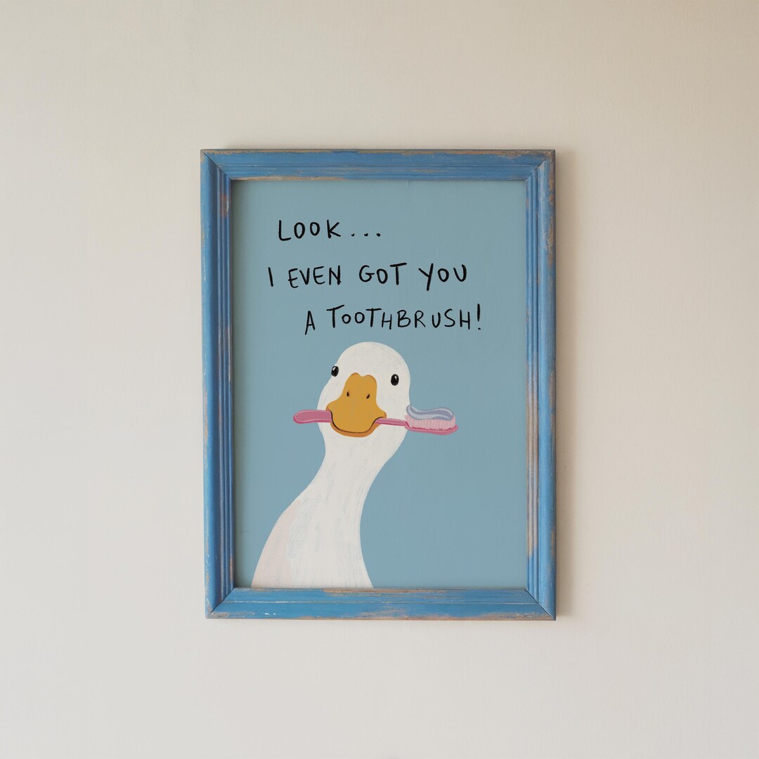 Funny Bathroom Art, Duck Toothbrush Print, Whimsical Animal Gift ...