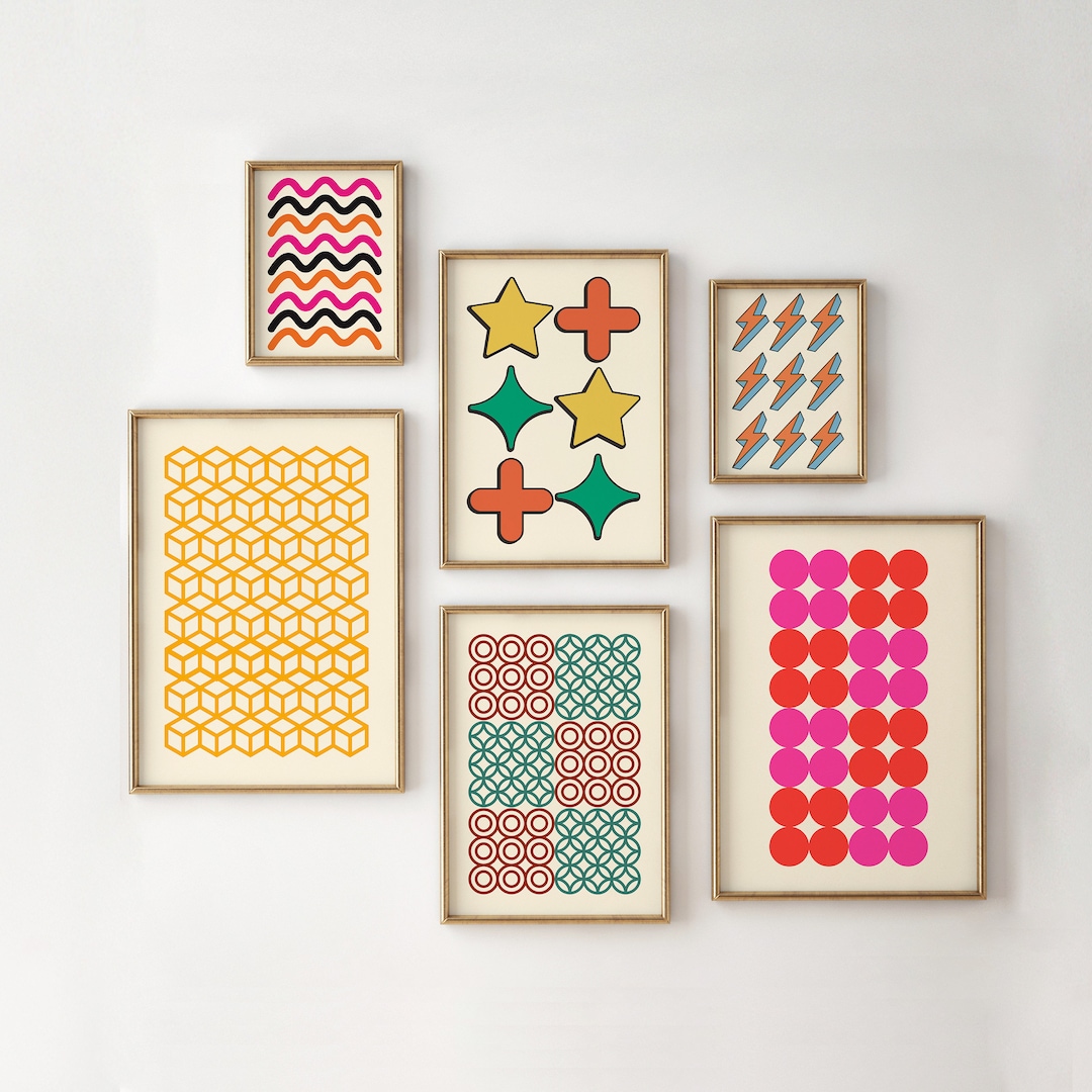 Colorful 70s Wall Art, Set of 7 Printables, Modern Mid Century ...