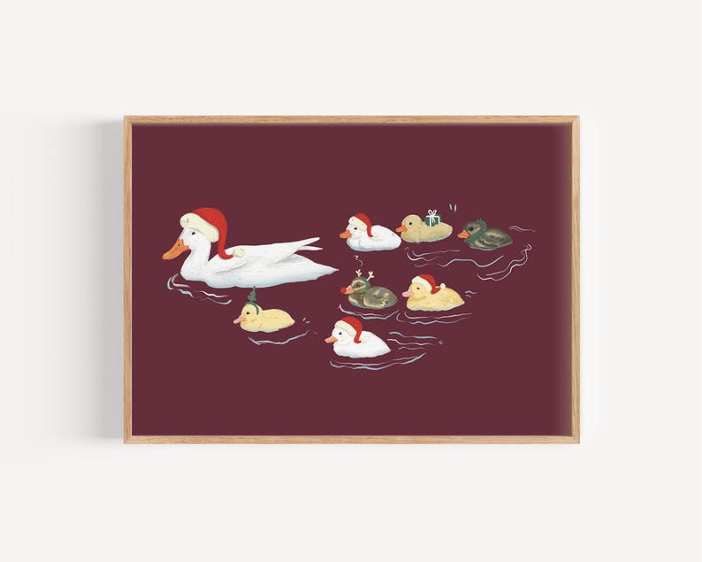 Christmas Ducks Printable Poster: Festive Holiday Theme, Red Background ...