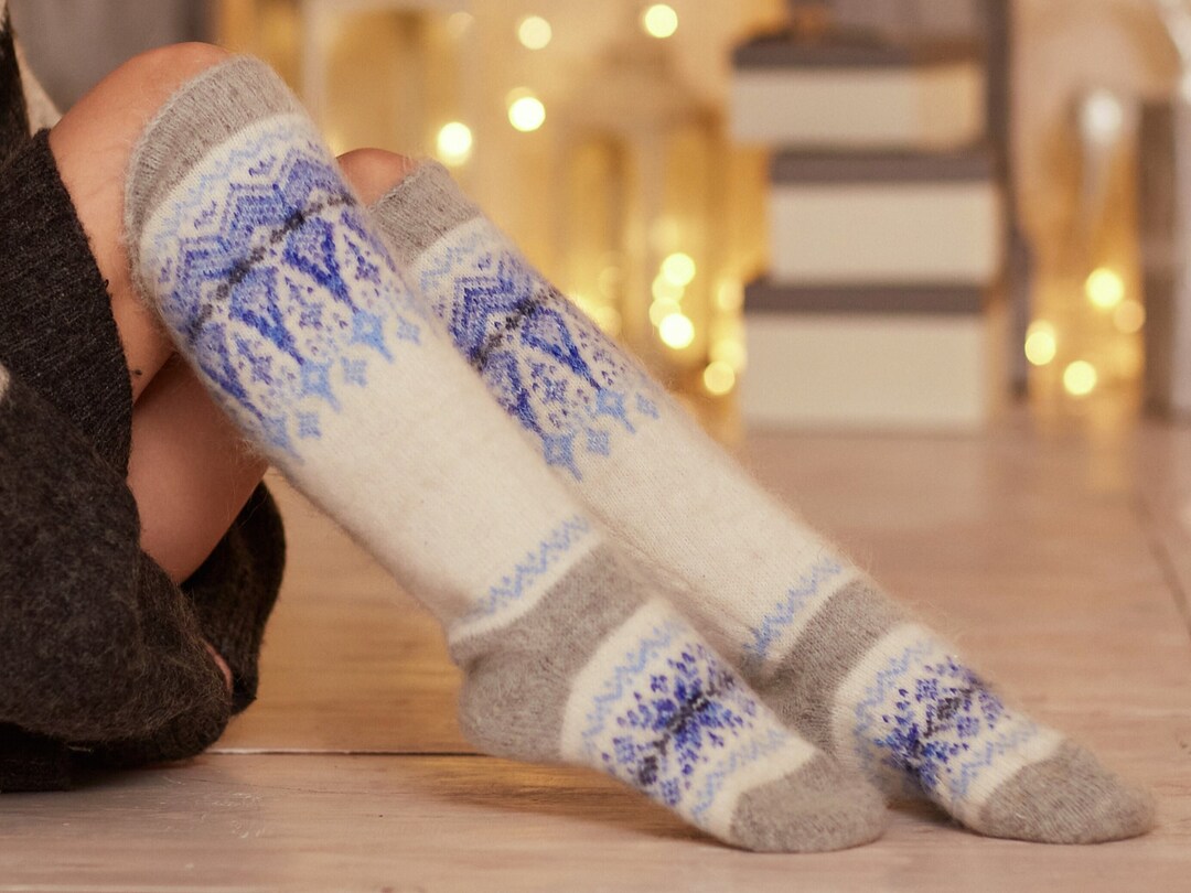 Goat Wool Boot Socks, Knee High Socks, Fluffy Organic Blue and White ...