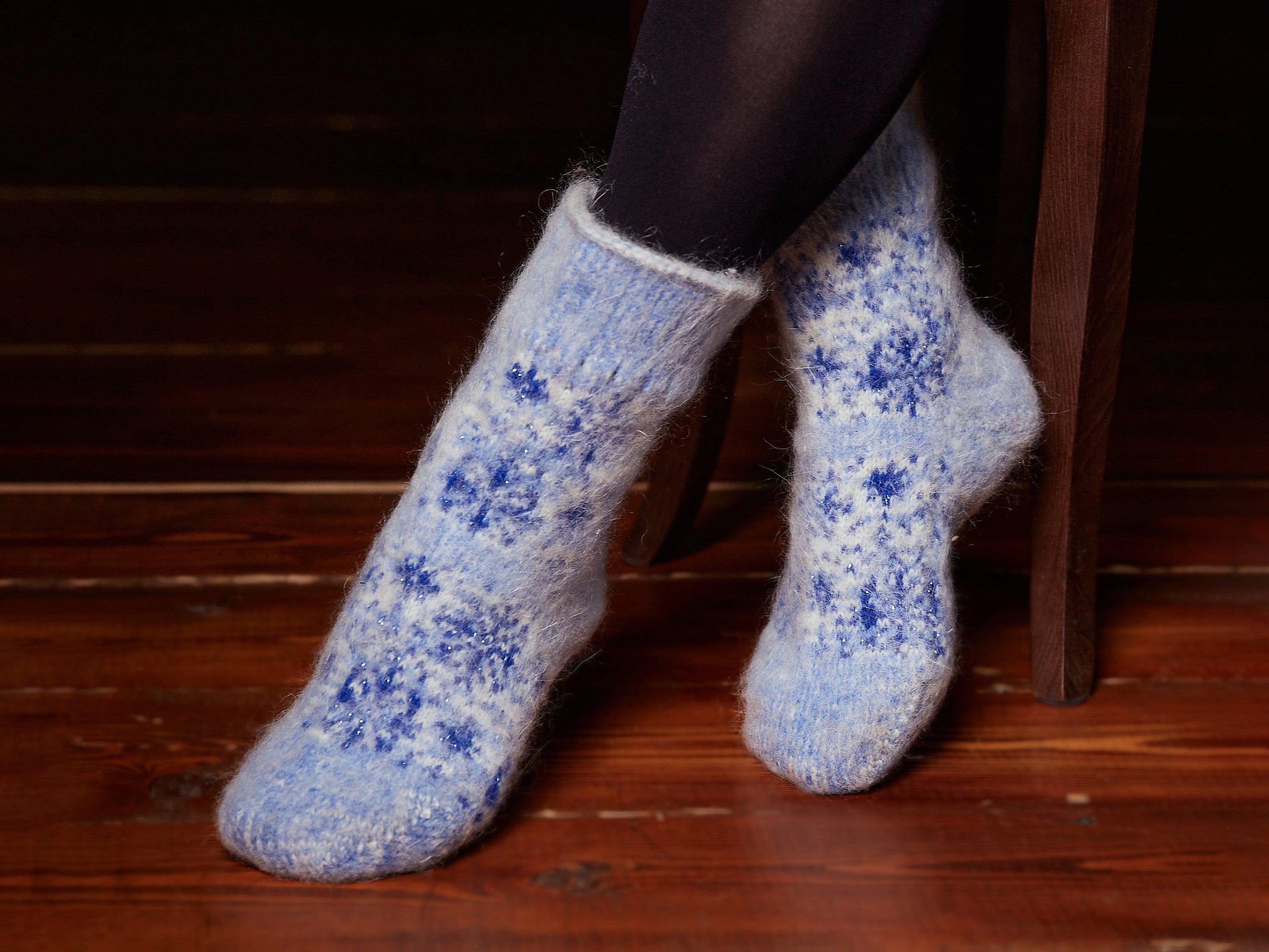 Wool Fuzzy Socks, Blue Snowflake Socks Made of Soft Goat Wool, Women's ...