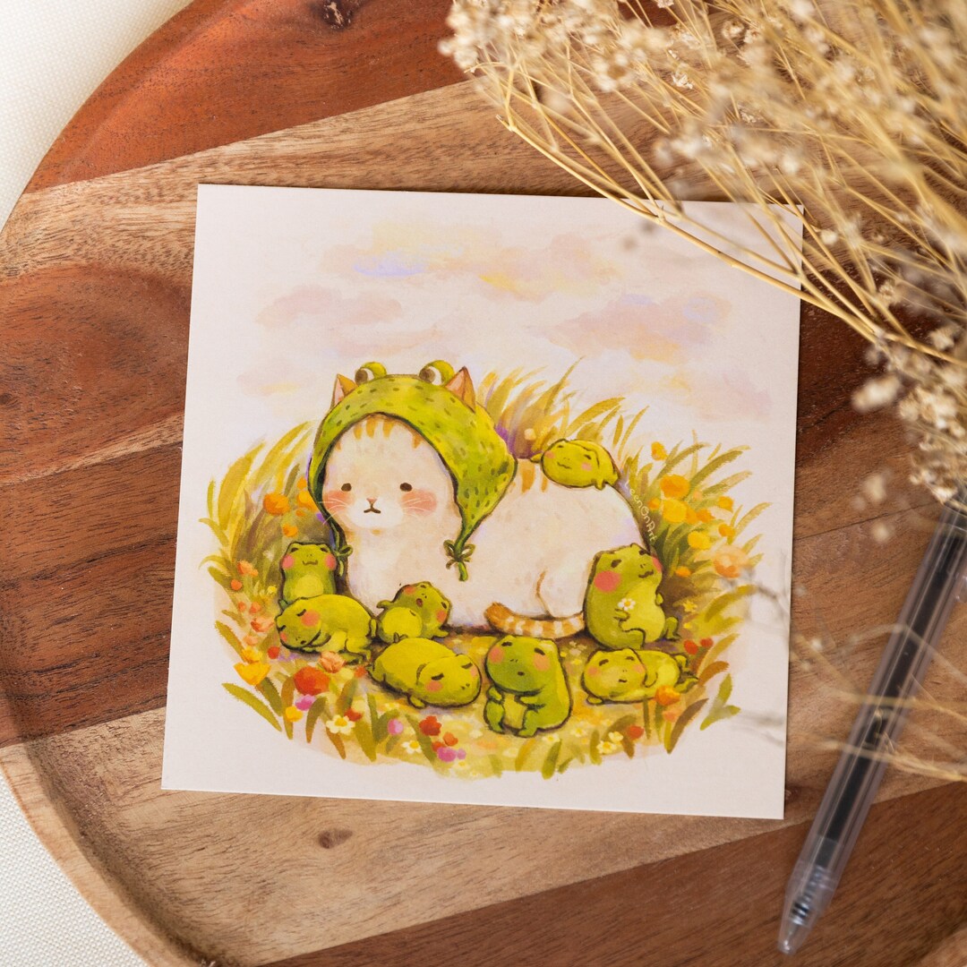 Square Print // "cat & Frogs" Design - Sleepy Frog, Cat in Disguise ...