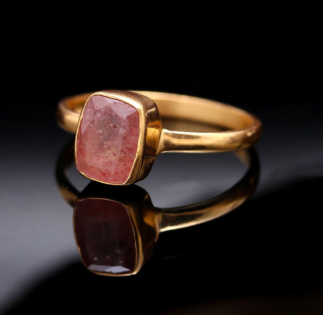 Strawberry Quartz Gemstone Ring, 14K Real Gold Ring, Natural Red Quartz ...
