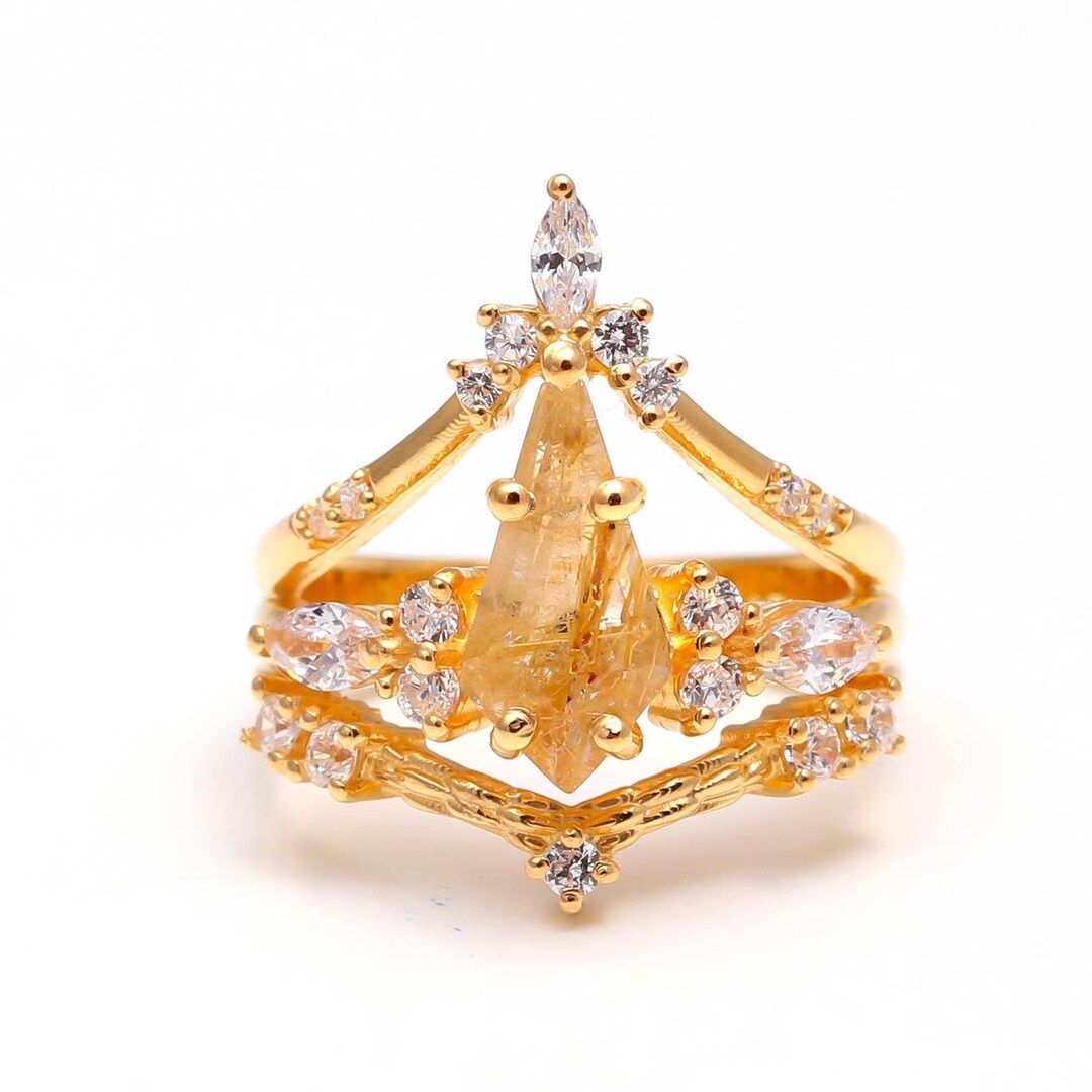 100% Natural Golden Rutile Kite Crown Ring, 14K Gold Wedding Jewelry ...