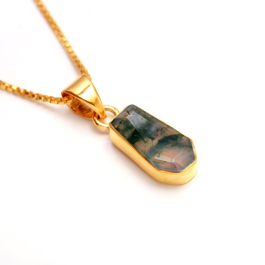 100% Natural Moss Agate Coffin Pendant Necklace,14k Gold Statement ...