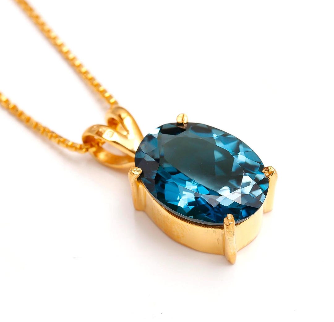14K Gold London Blue Topaz Necklace, Elegant Gemstone Pendant - Etsy