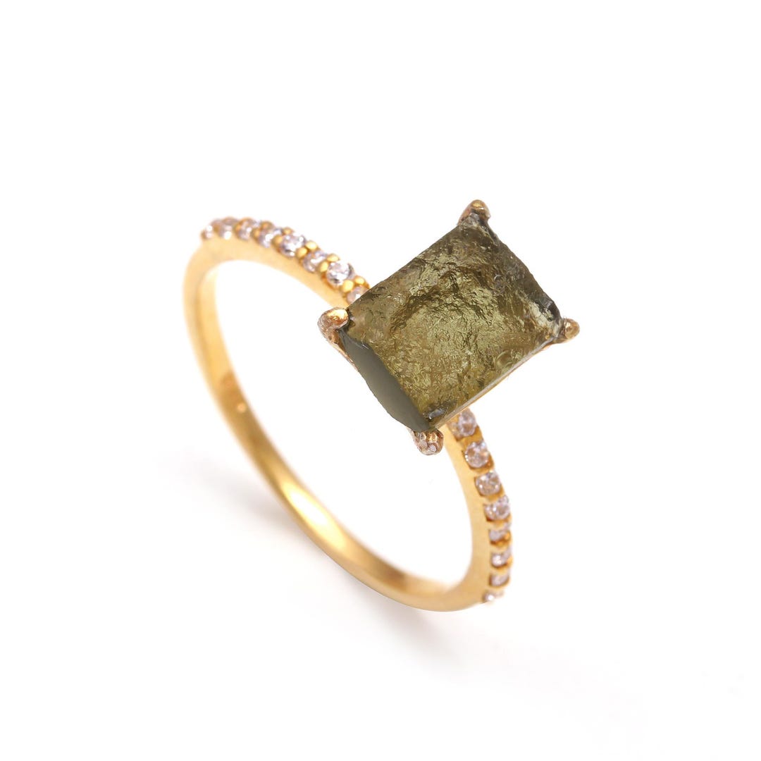 Raw Meteorite Moldavite Octagon Shape Ring, 14k Gold Minimalist Jewelry ...