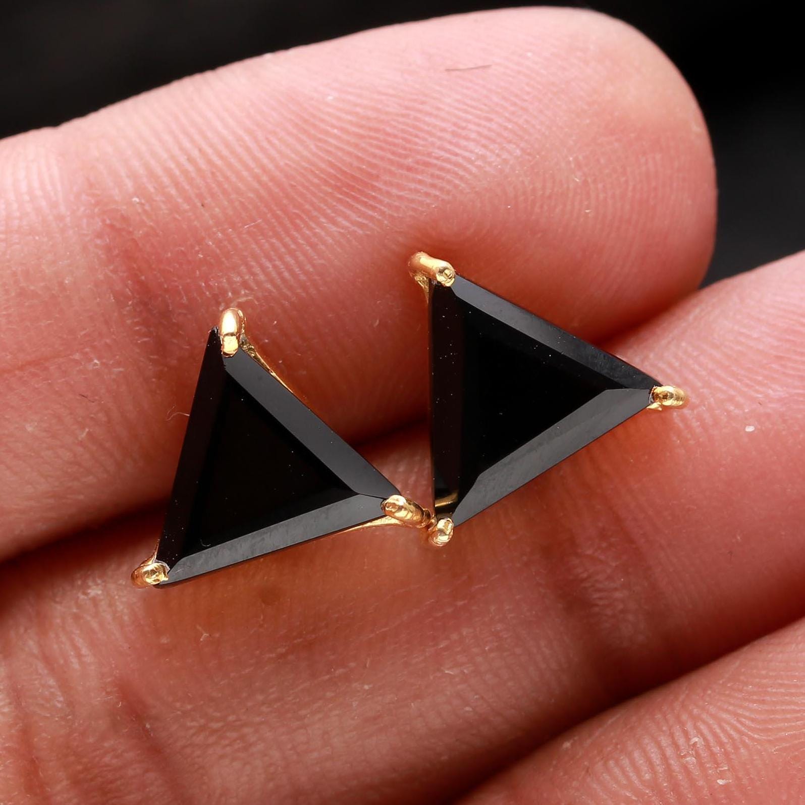 14k Gold Black Onyx Triangle Stud Earrings, Black Gemstone - Etsy
