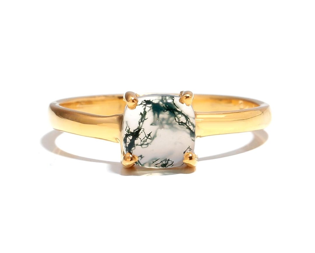 Anillo de ágata musgosa 100 % natural con cabujón cojín, joyería ...