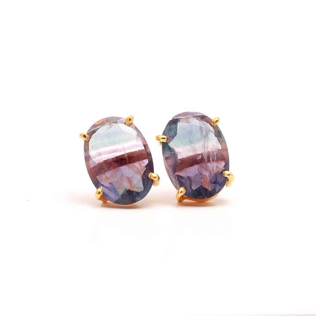 Handmade 14k Gold Fluorite Earrings: Oval Gemstone Studs - Etsy