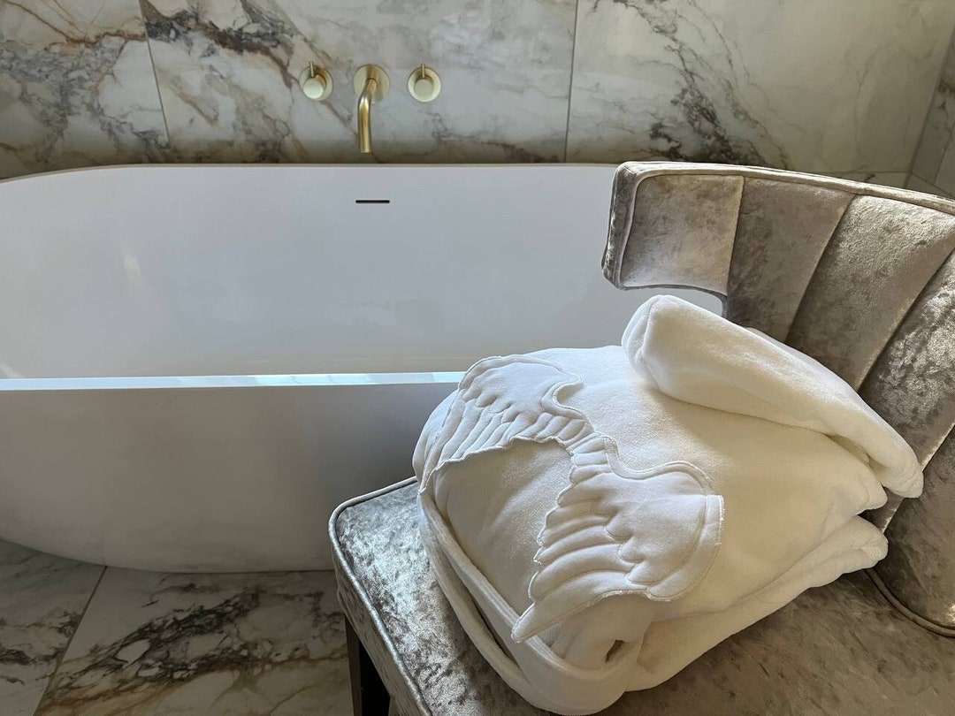 Adult White Custom Angel Wings Bathrobe Robe Embroidered Personalised ...