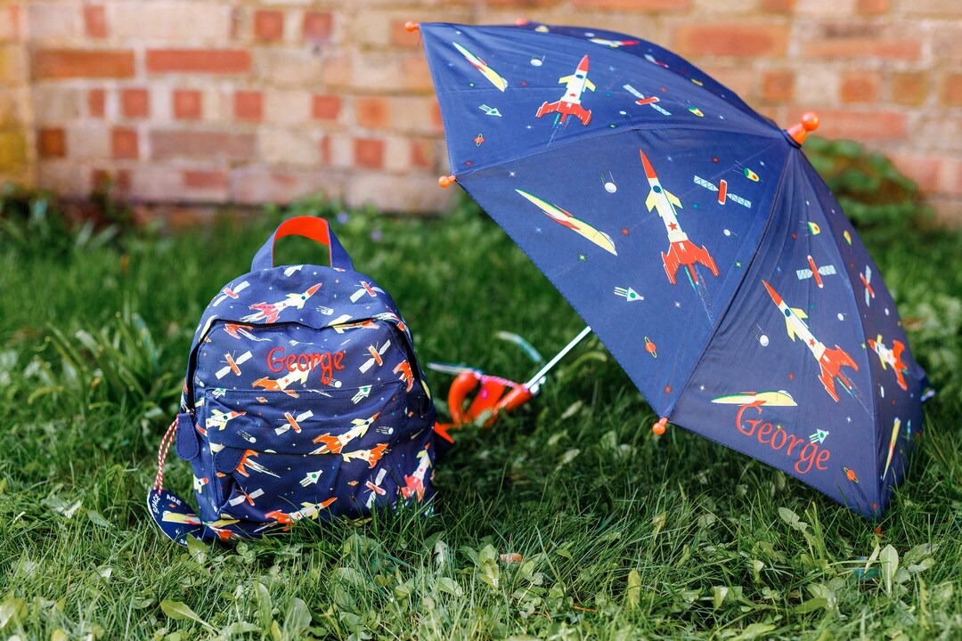 Kids Set Personalised Space Rocket Backpack Umbrella Child Baby Rain ...