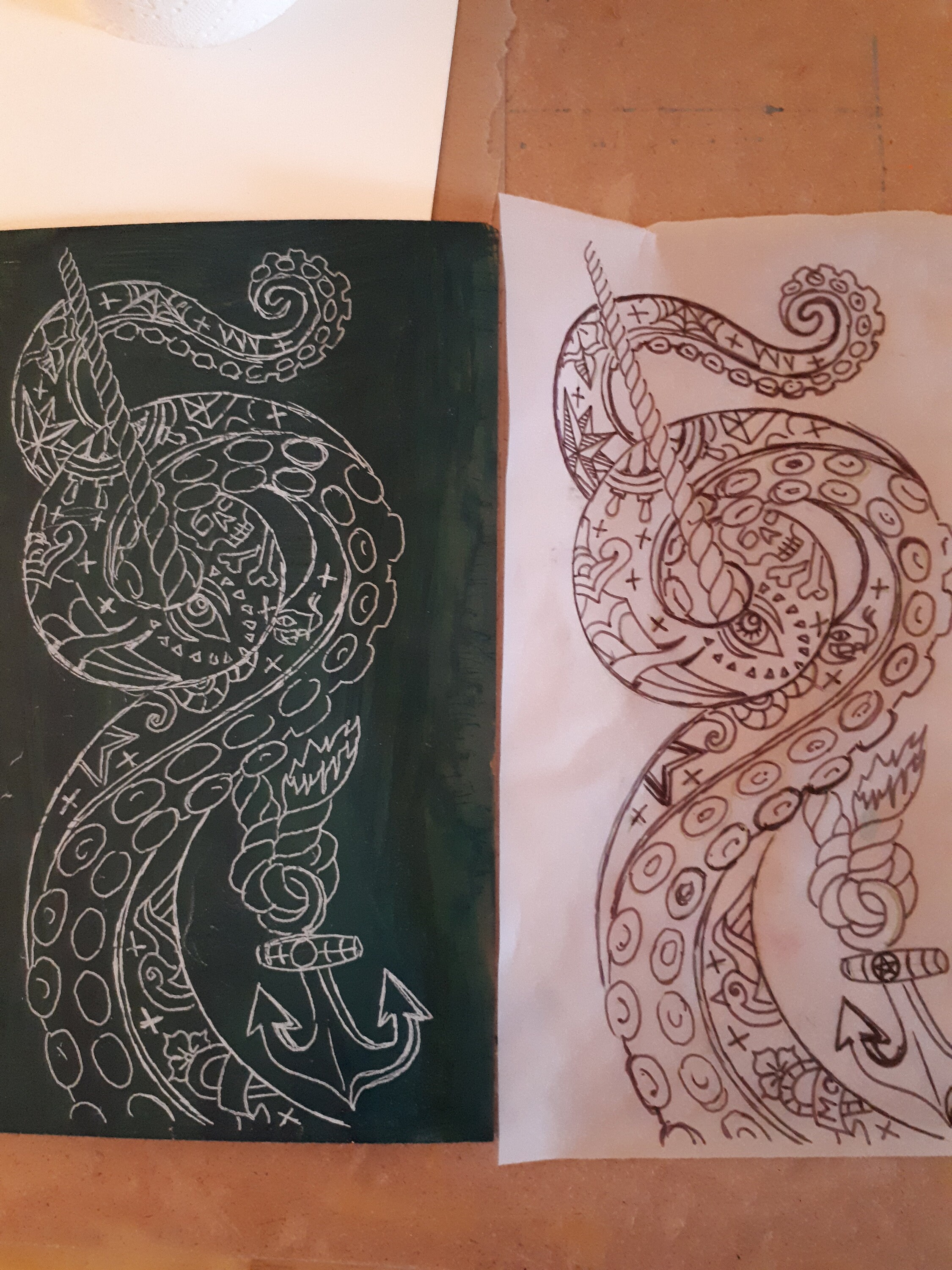 Tattooed Octopus Tentacle Linocut Print - Etsy