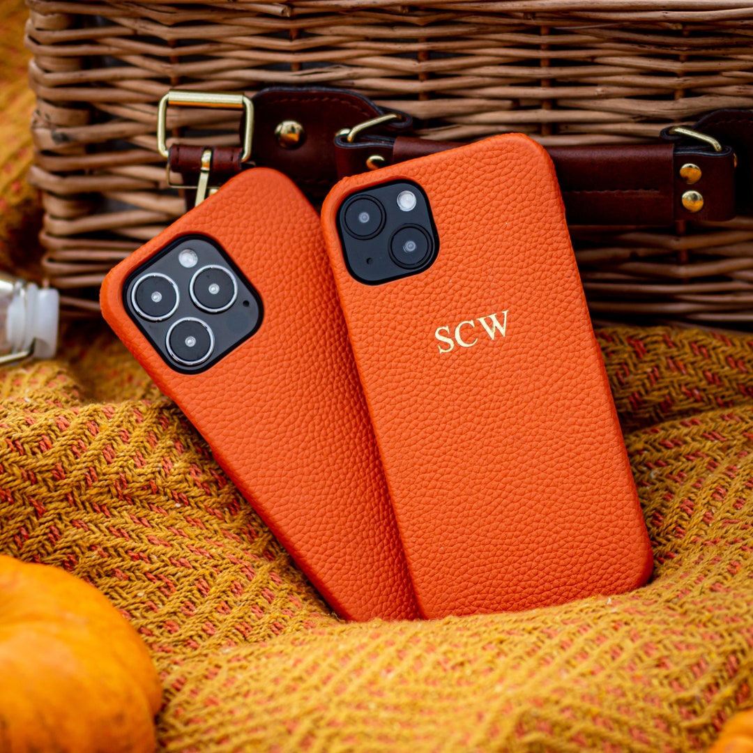 Personalised Orange Pebble Leather Phone Case, iPhone 13, 13 Pro, 13 ...