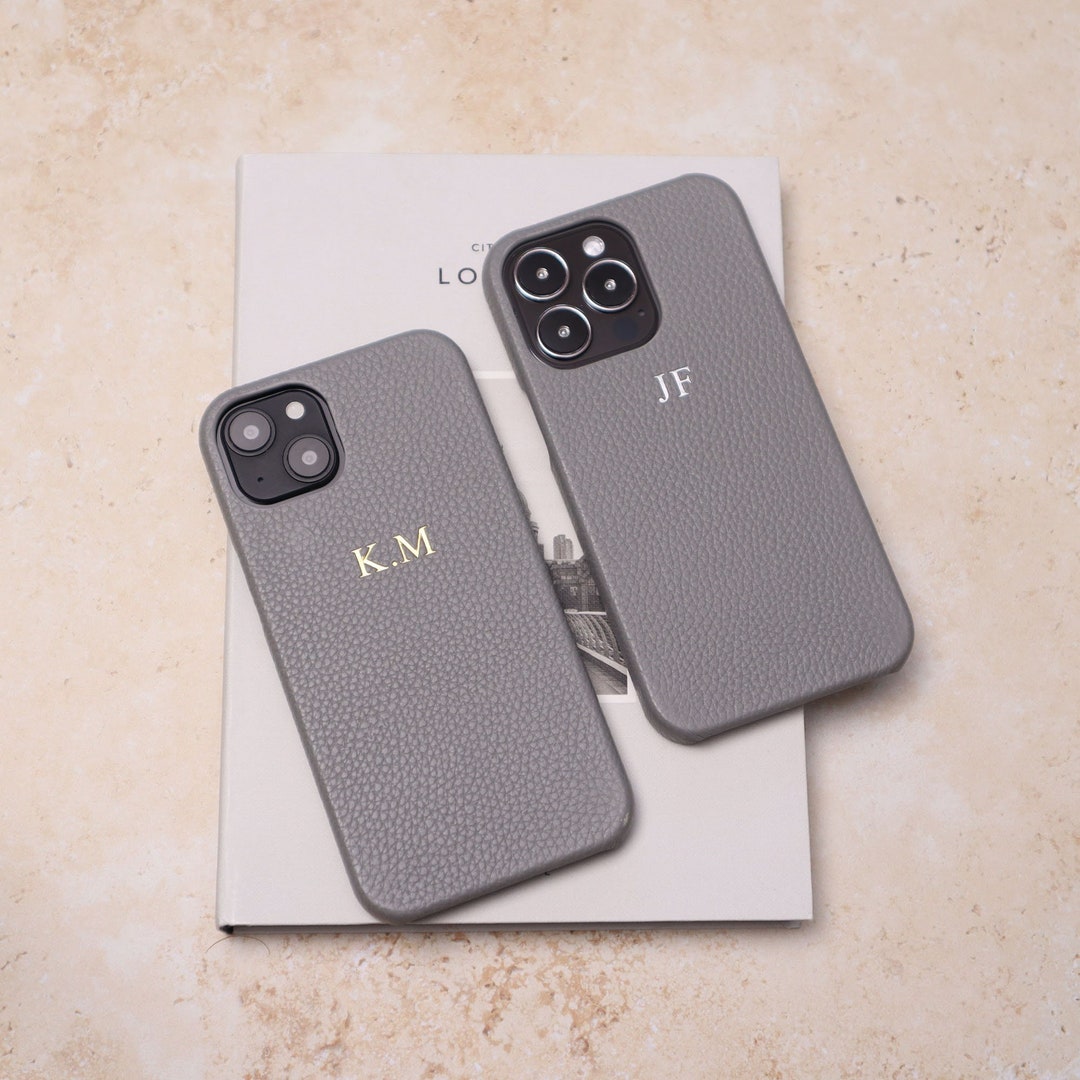Personalised Grey Pebble Leather Phone Case, iPhone 12, iPhone 12 Pro ...