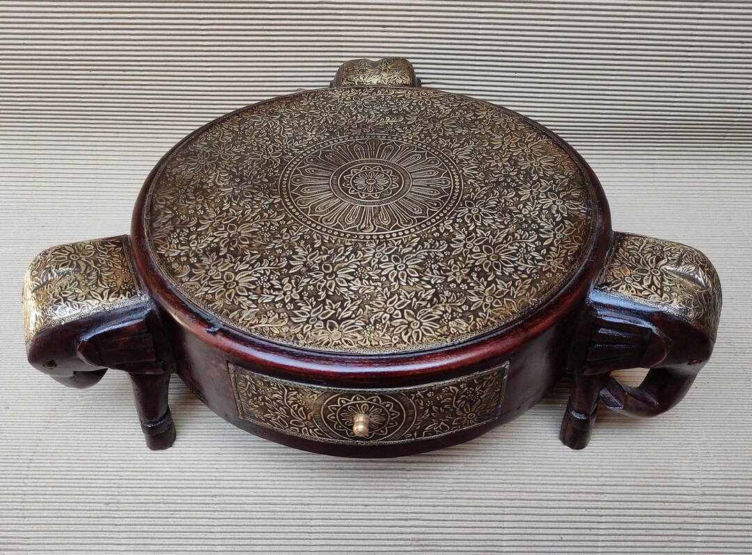 Wood Chowki Wooden Low Table Pooja Chowki Handcrafted 3 Elephant Round ...