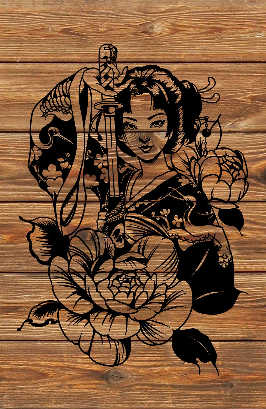 PNG SVG DXF File Japanese Pretty Geisha Warrior Girl Tattoo Stencil for ...
