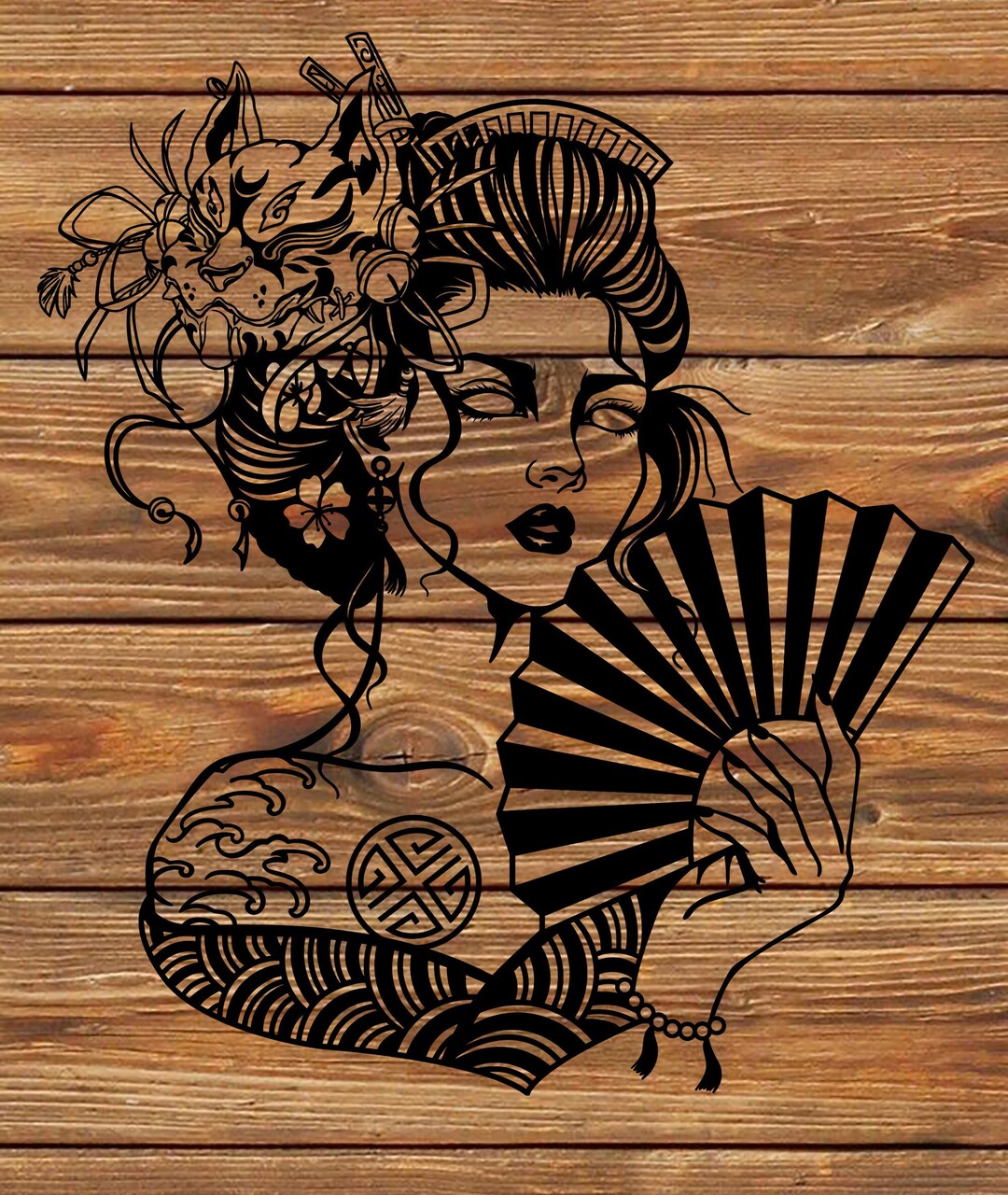 Geisha Kitsune Mask Tattoo Stencil – Japanese Girl Vector (SVG PNG) - Etsy