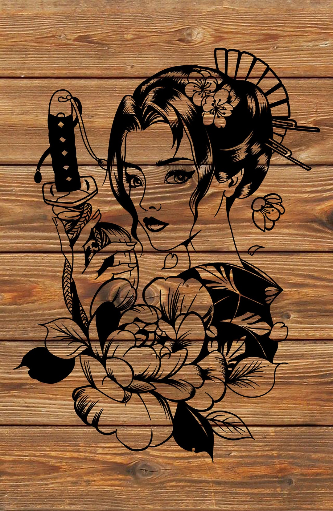PNG SVG DXF File Japanese Pretty Geisha Warrior Girl Tattoo Stencil for ...