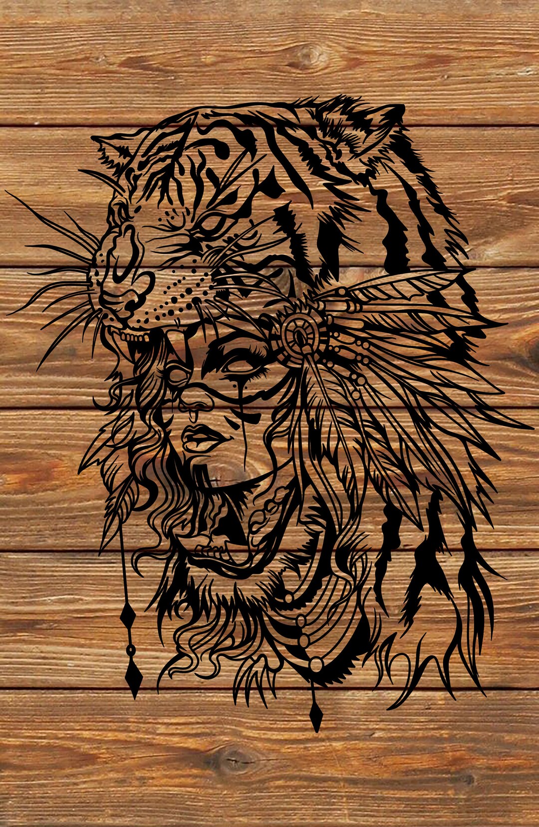 PNG SVG DXF File Native American Tiger Warrior Girl Stencil for Cricut ...