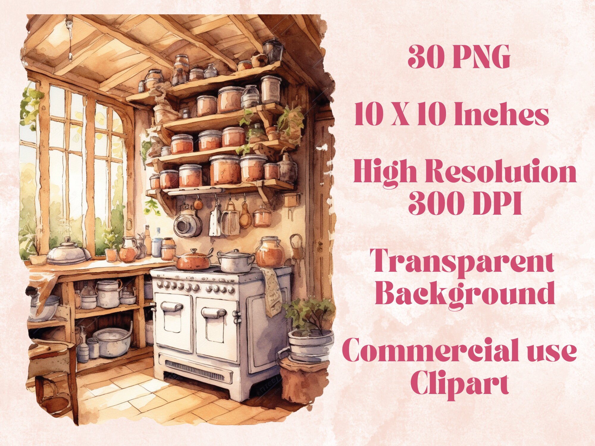 30 Watercolor Cottagecore Kitchen Clipart PNG Bundle, Watercolor ...