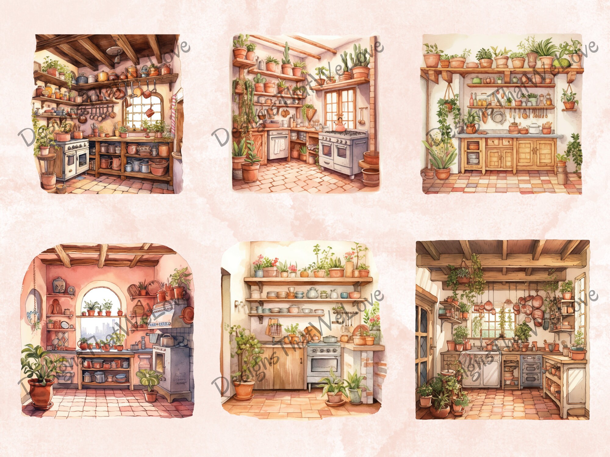 30 Watercolor Cottagecore Kitchen Clipart PNG Bundle, Watercolor ...