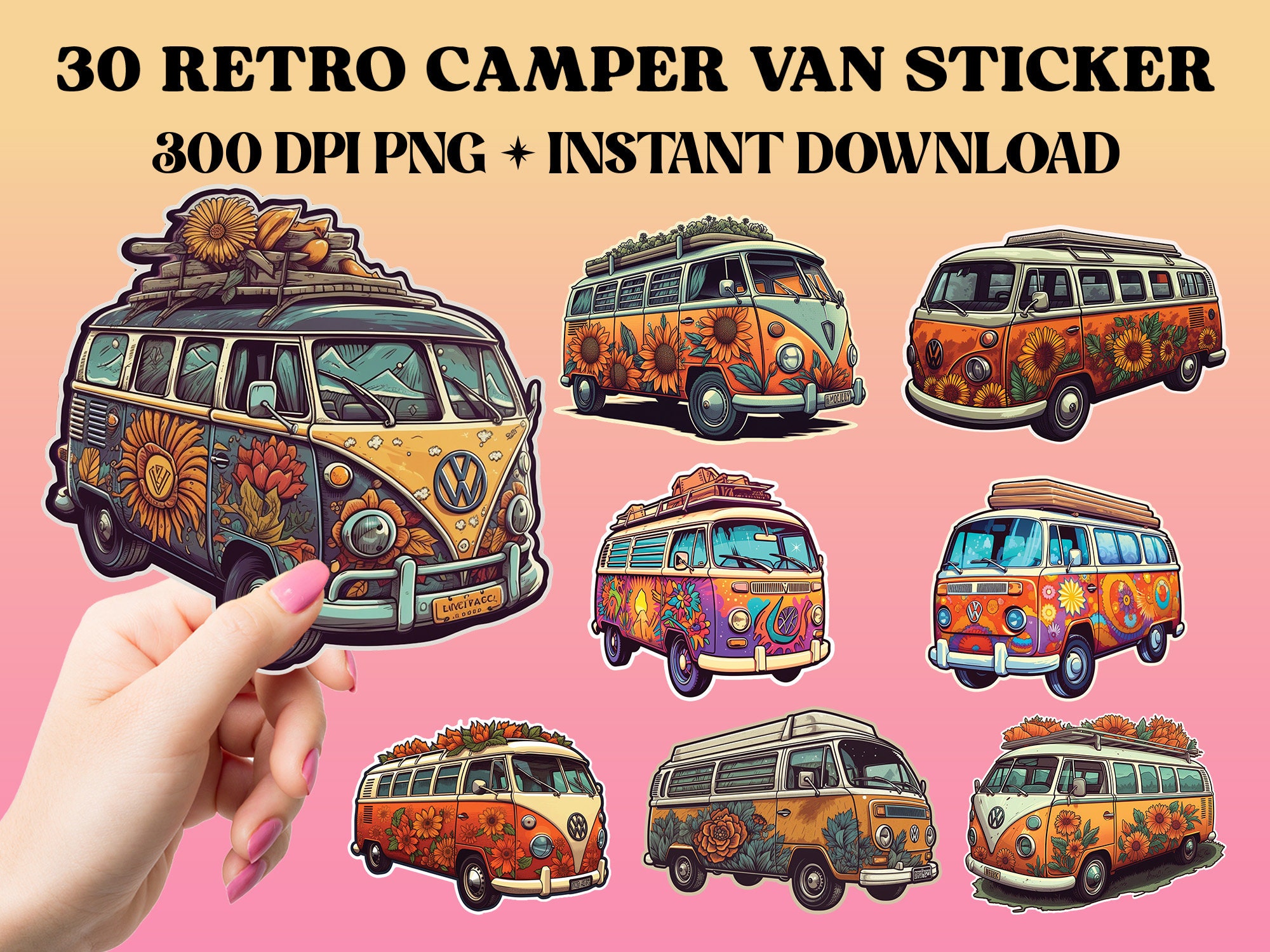 30 Retro Camper Van Sticker, Campervan Sticker PNG Bundle, High Quality ...