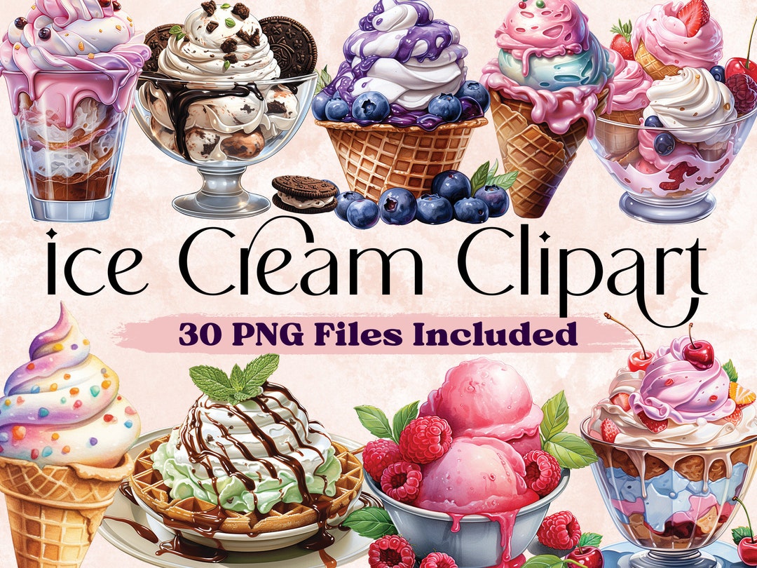 Ice Cream Watercolor Clipart Bundle, 30 PNG Images of Flavored Tasty ...