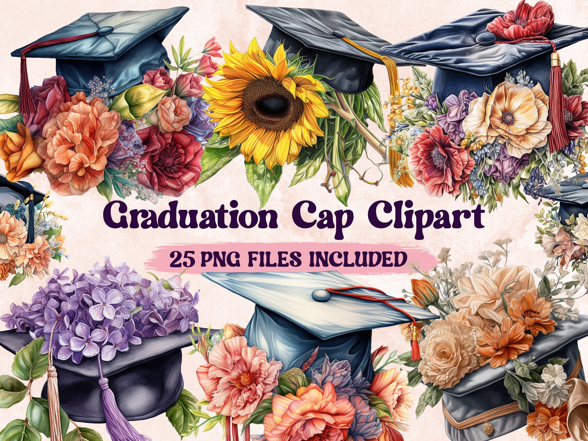 25 Floral Graduation Cap Clipart Bundle, 2023 Watercolor Floral Grad ...