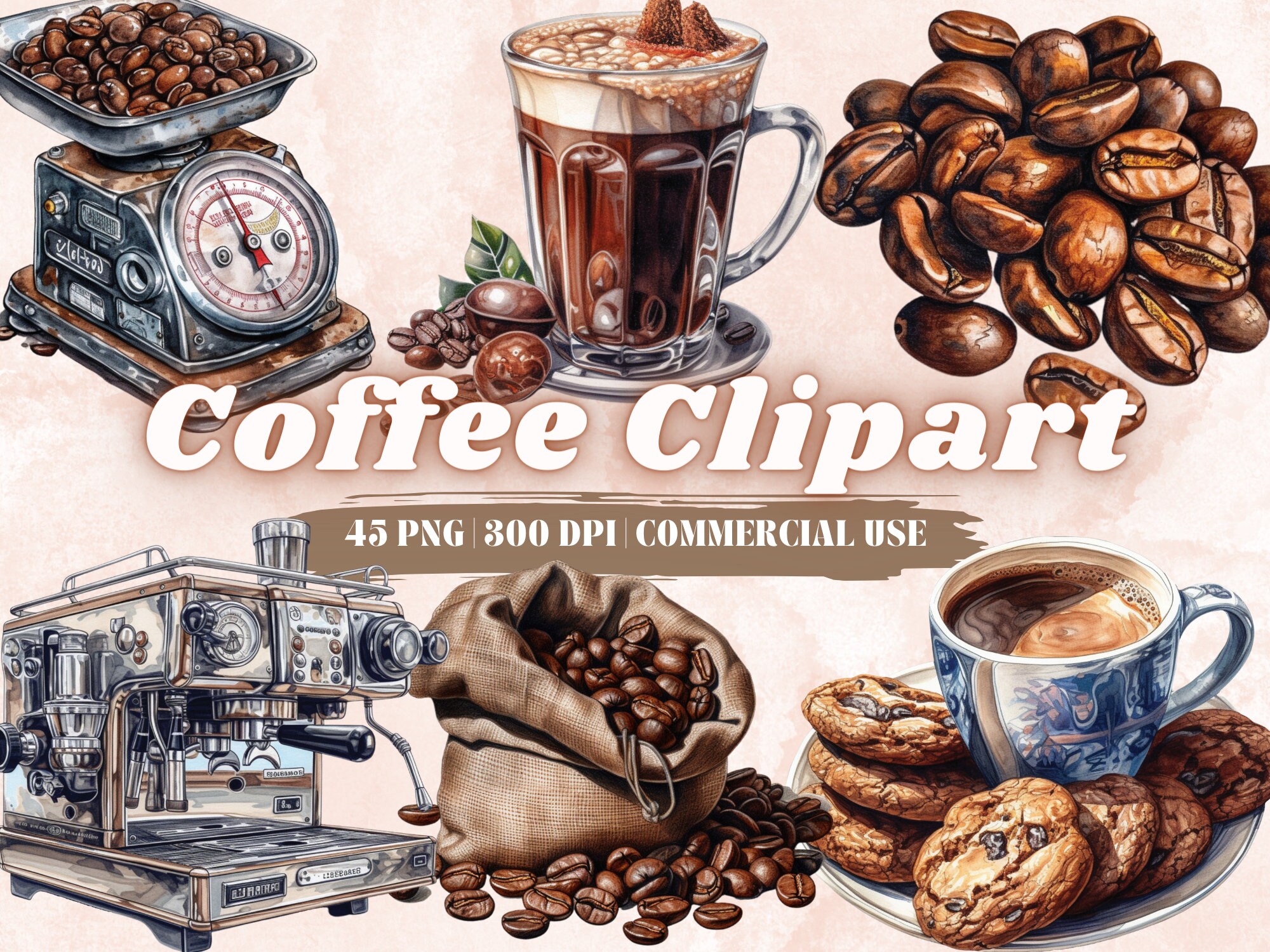 45 Watercolor Coffee Clipart PNG Bundle, Coffee Cup Clipart, Watercolor ...