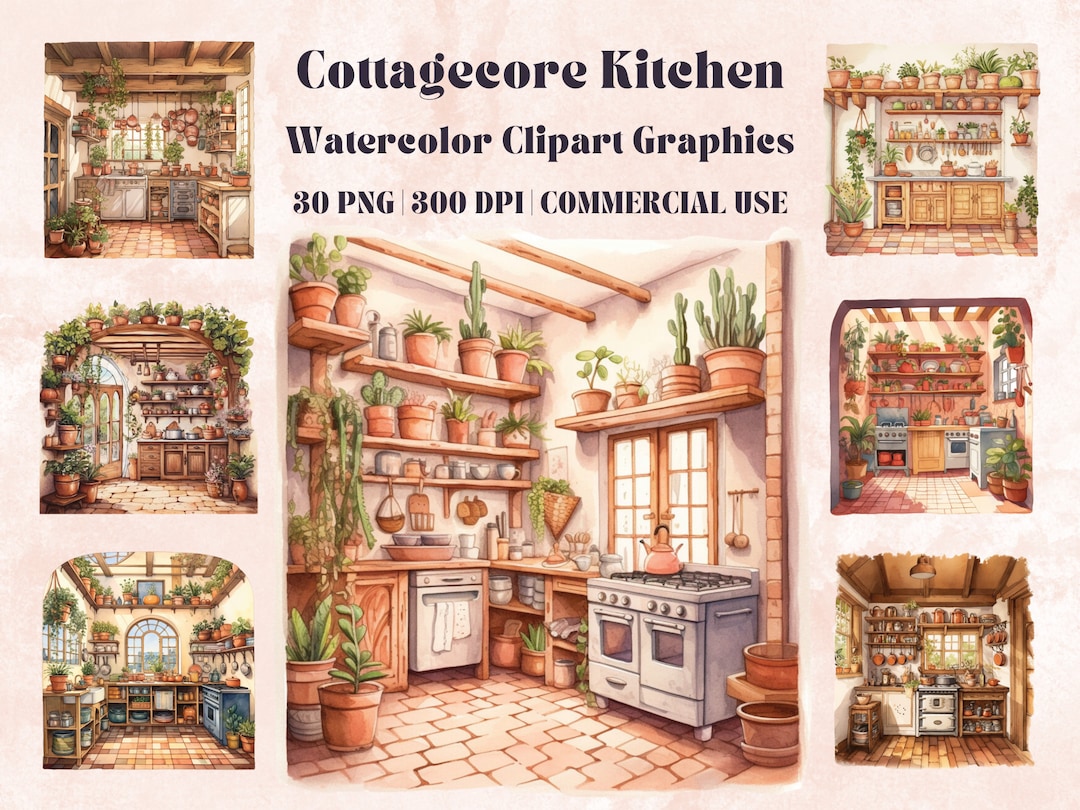 30 Watercolor Cottagecore Kitchen Clipart PNG Bundle, Watercolor ...