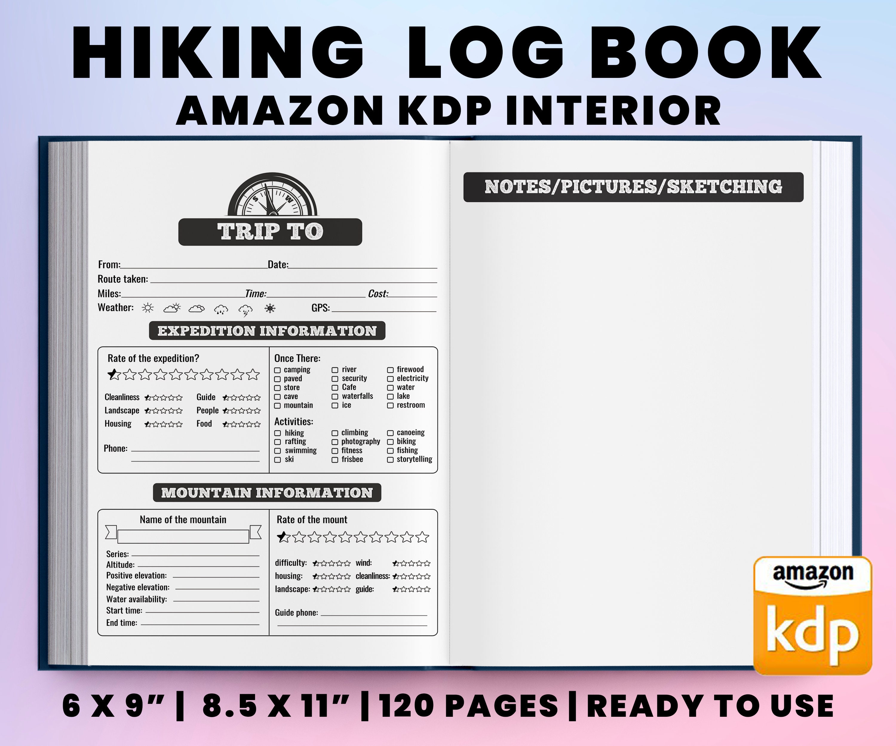 Hiking Logbook Amazon KDP Interior Templates 120 Pages KDP - Etsy