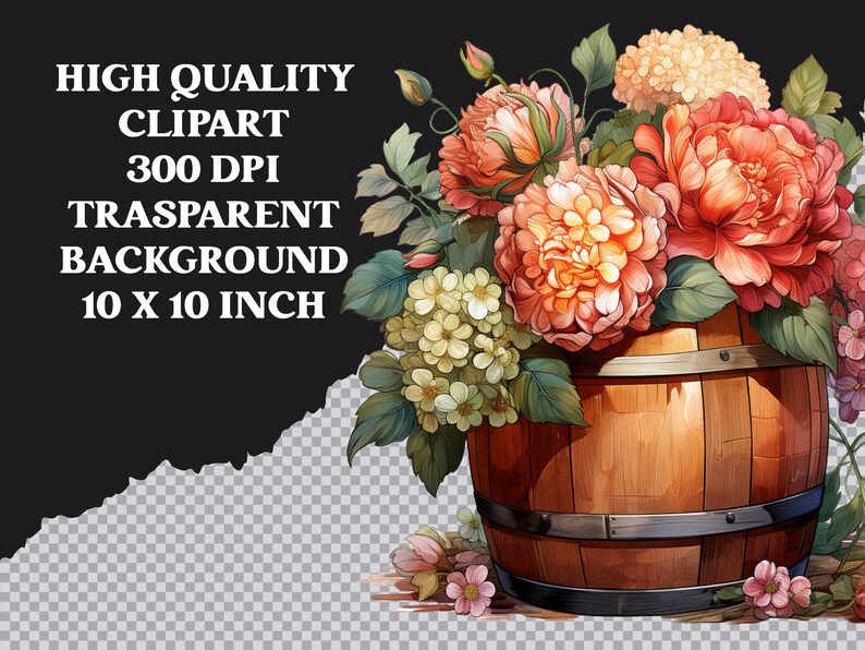 Floral Barrel Clipart PNG Bundle, Garden Barrels Clipart Collection ...