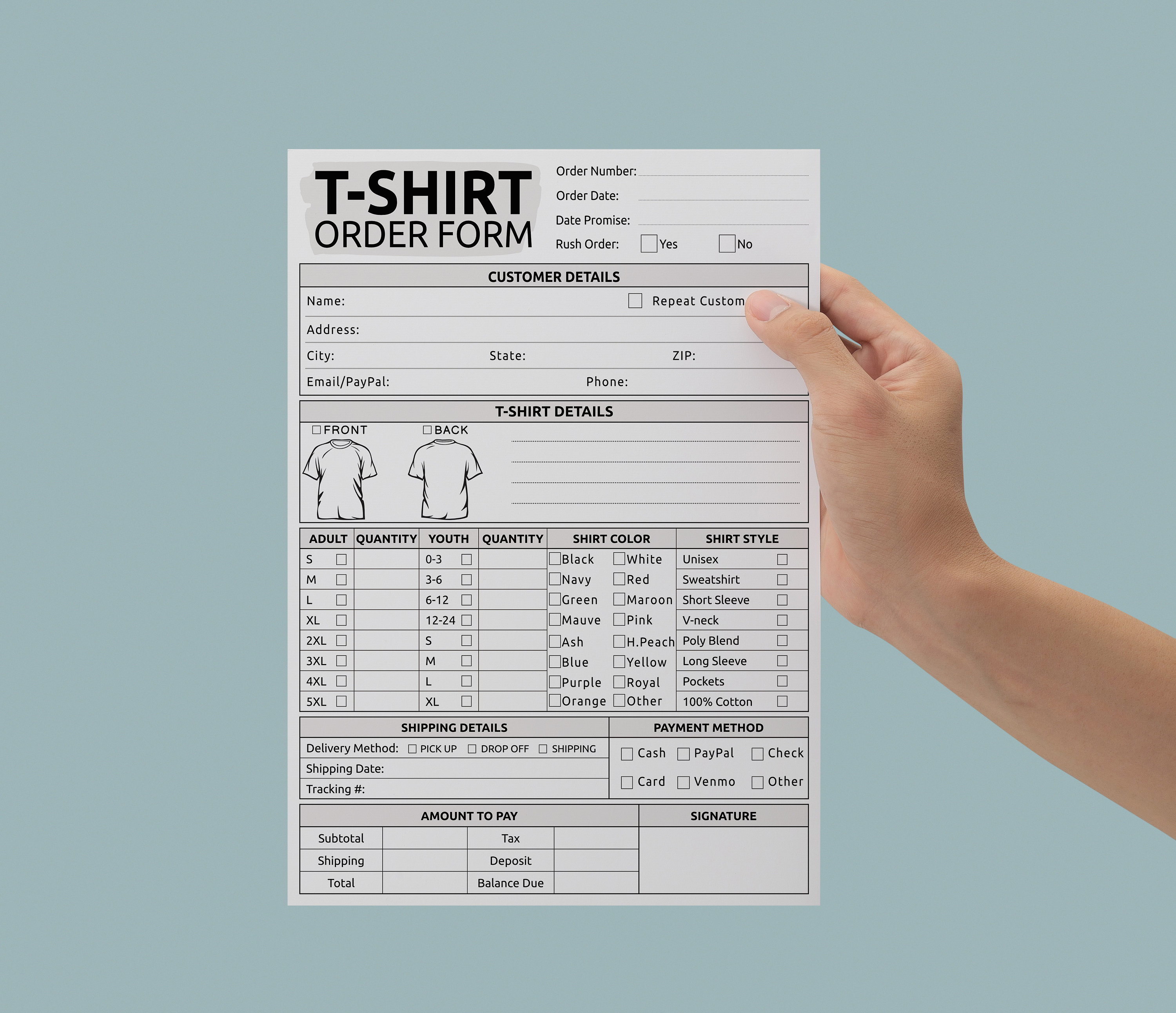 Formulario de pedido de camiseta imprimible, plantilla de formulario de ...