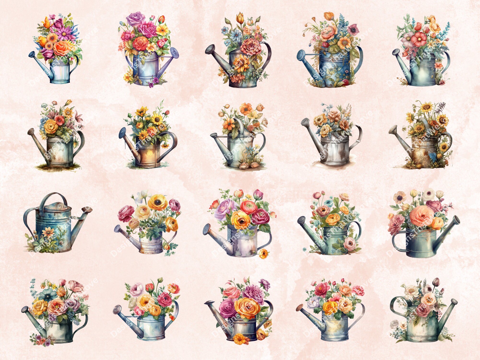 21 Watering Can Watercolor, Floral Watering Cans Clipart Bundle PNG ...