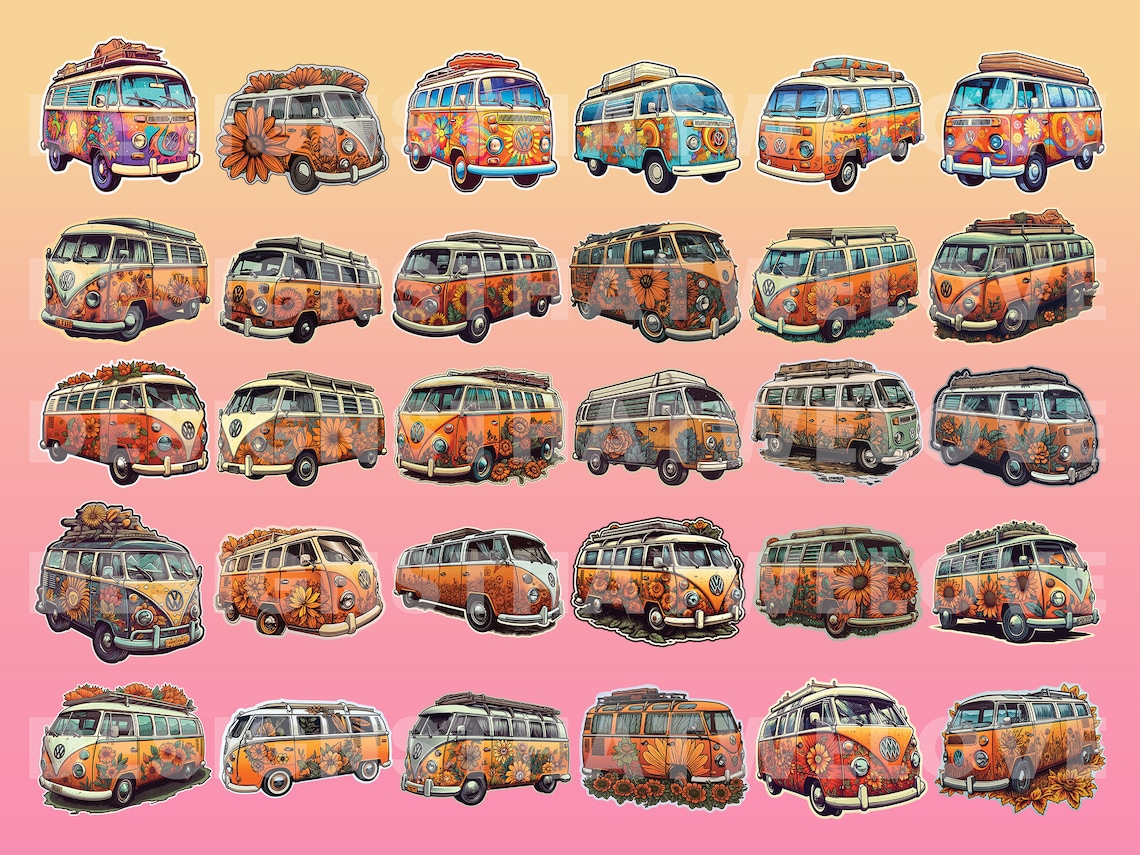 30 Retro Camper Van Sticker, Campervan Sticker PNG Bundle, High Quality ...