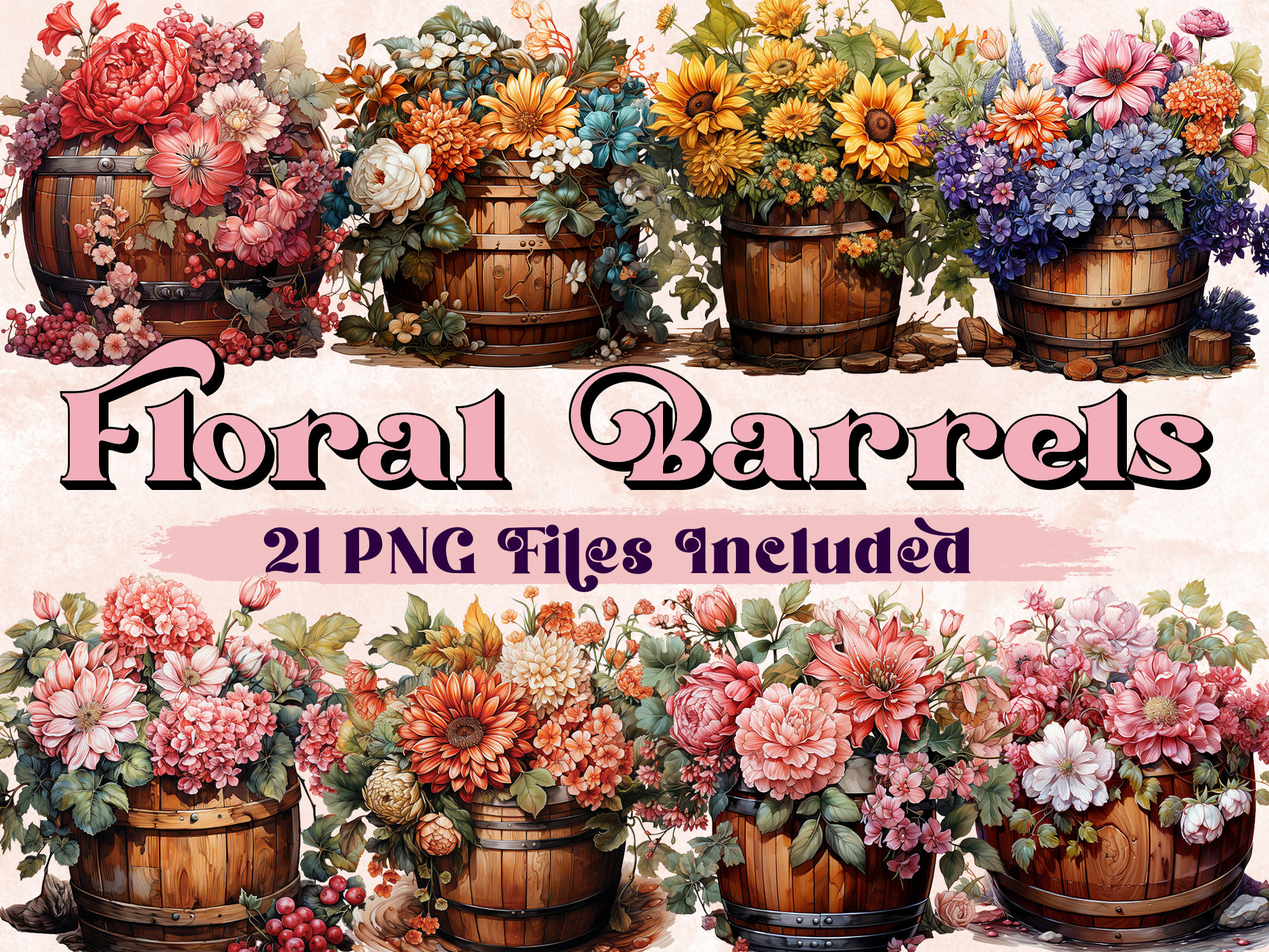 Floral Barrel Clipart PNG Bundle, Garden Barrels Clipart Collection ...
