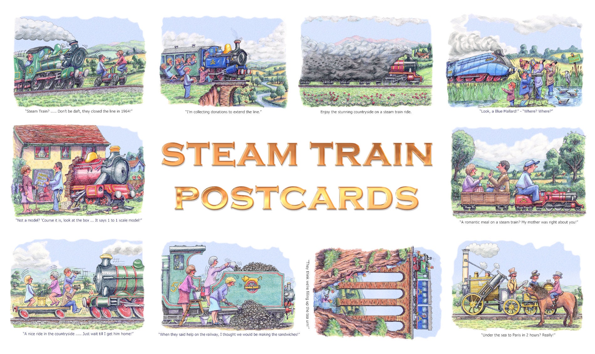 Steam Trains Humour Cartoon Funny Pack of 10 Postcards by Armand Foster ...