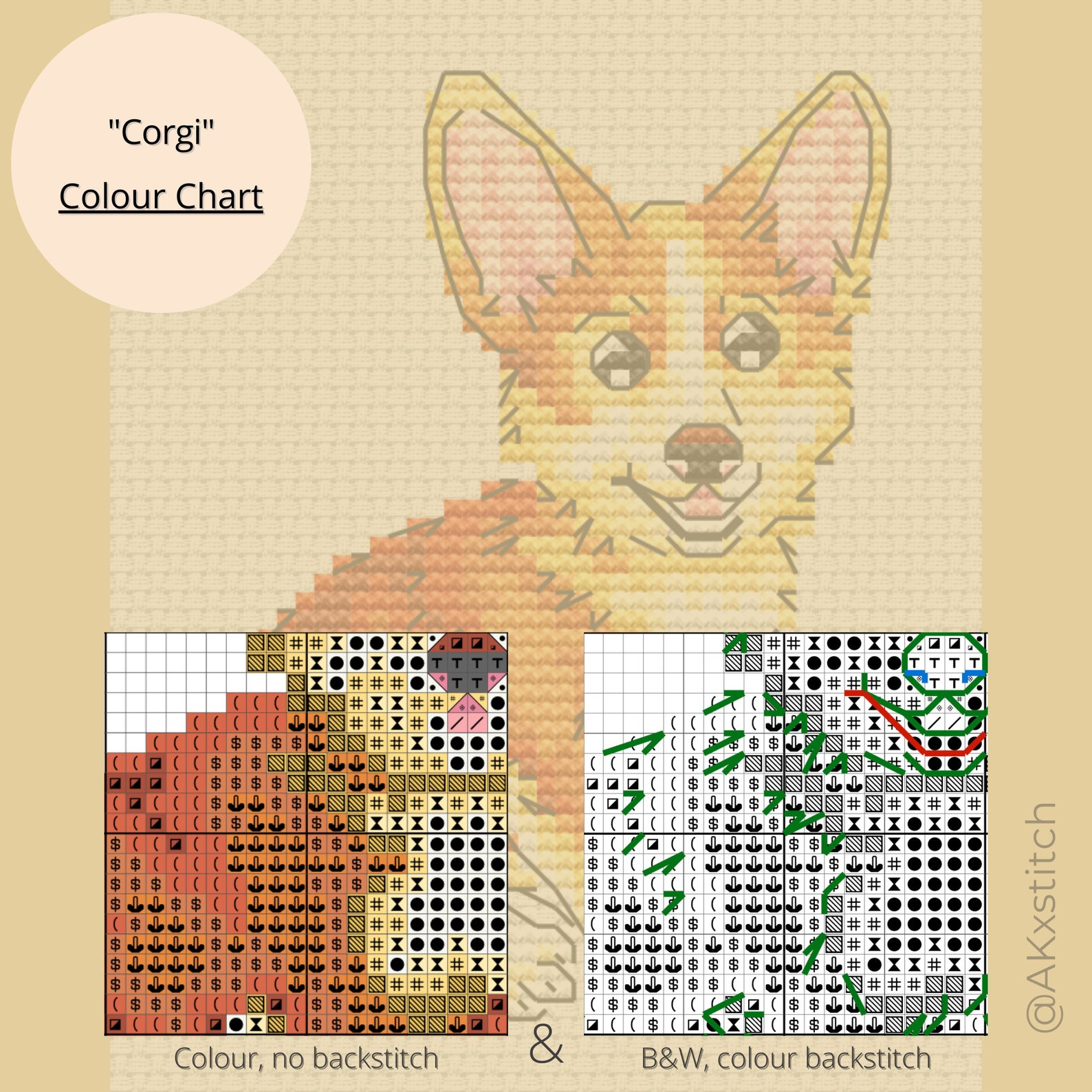 Welsh Corgi Cross Stitch Kit PDF Chart, Embroidery Chart of Cute Red ...