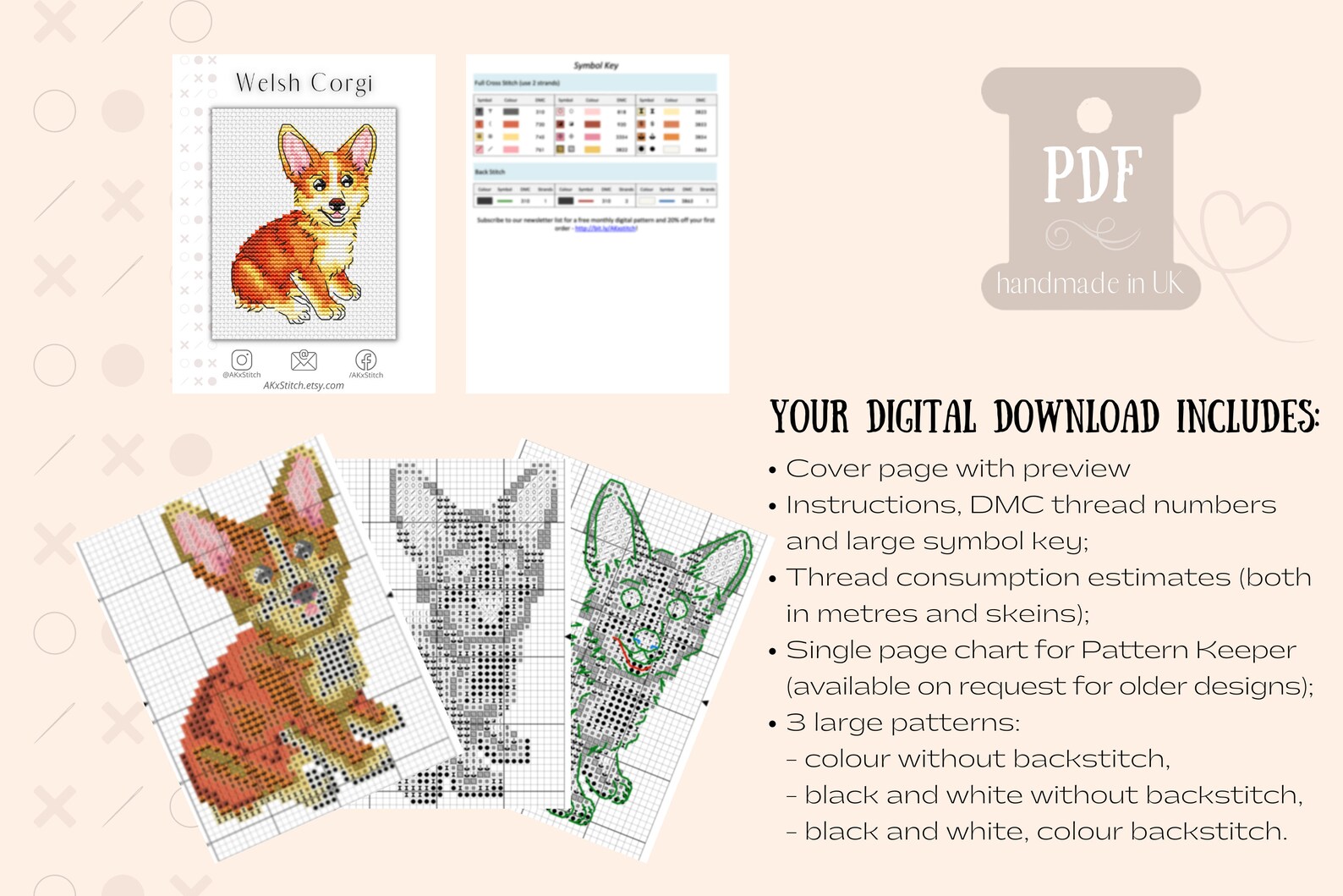 Welsh Corgi Cross Stitch Kit PDF Chart, Embroidery Chart of Cute Red ...