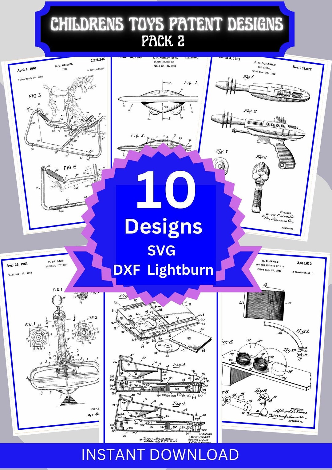 Vintage Toys Patent Drawings Schematics Pack 2. for Laser Etching ...