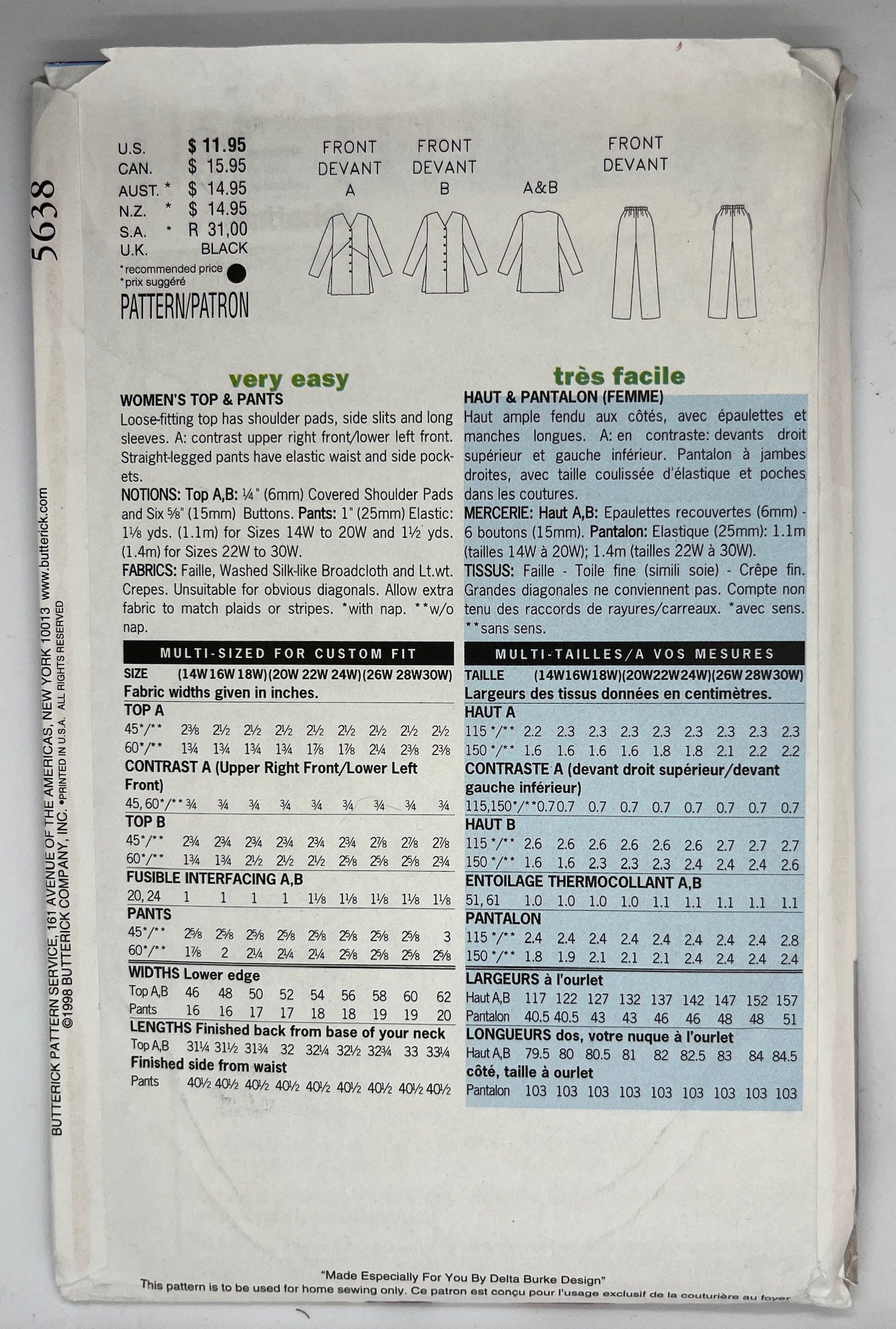 Butterick Delta Burke Designs 5638 | Women's Top and Pants | Size 14W ...