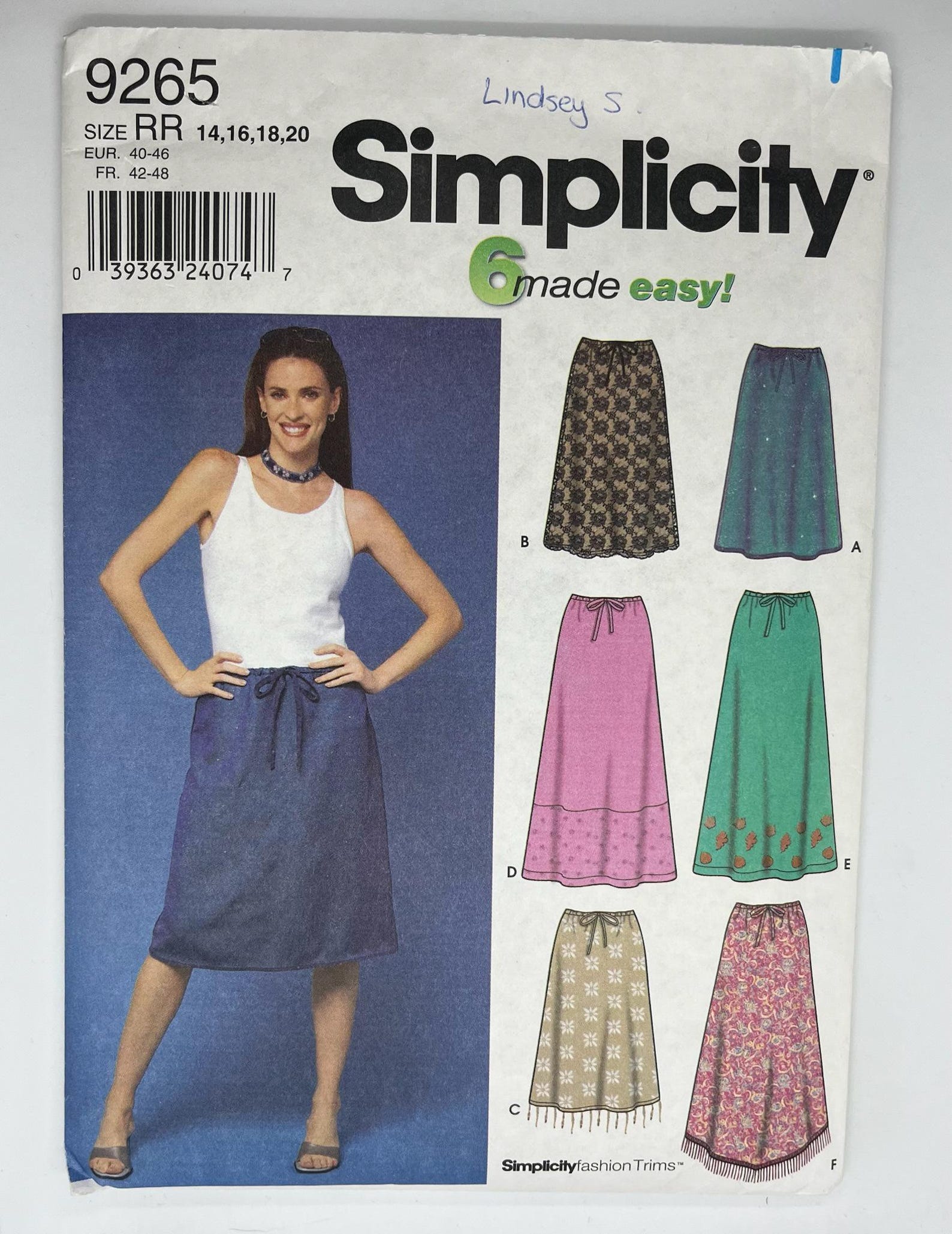 Simplicity 6 Made Easy 9265 | 2000 Misses' Skirt | Size RR (14-20) Hip ...