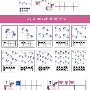 Unicorns Ten Frame Counting Flashcards, Montessori Math Worksheets for ...