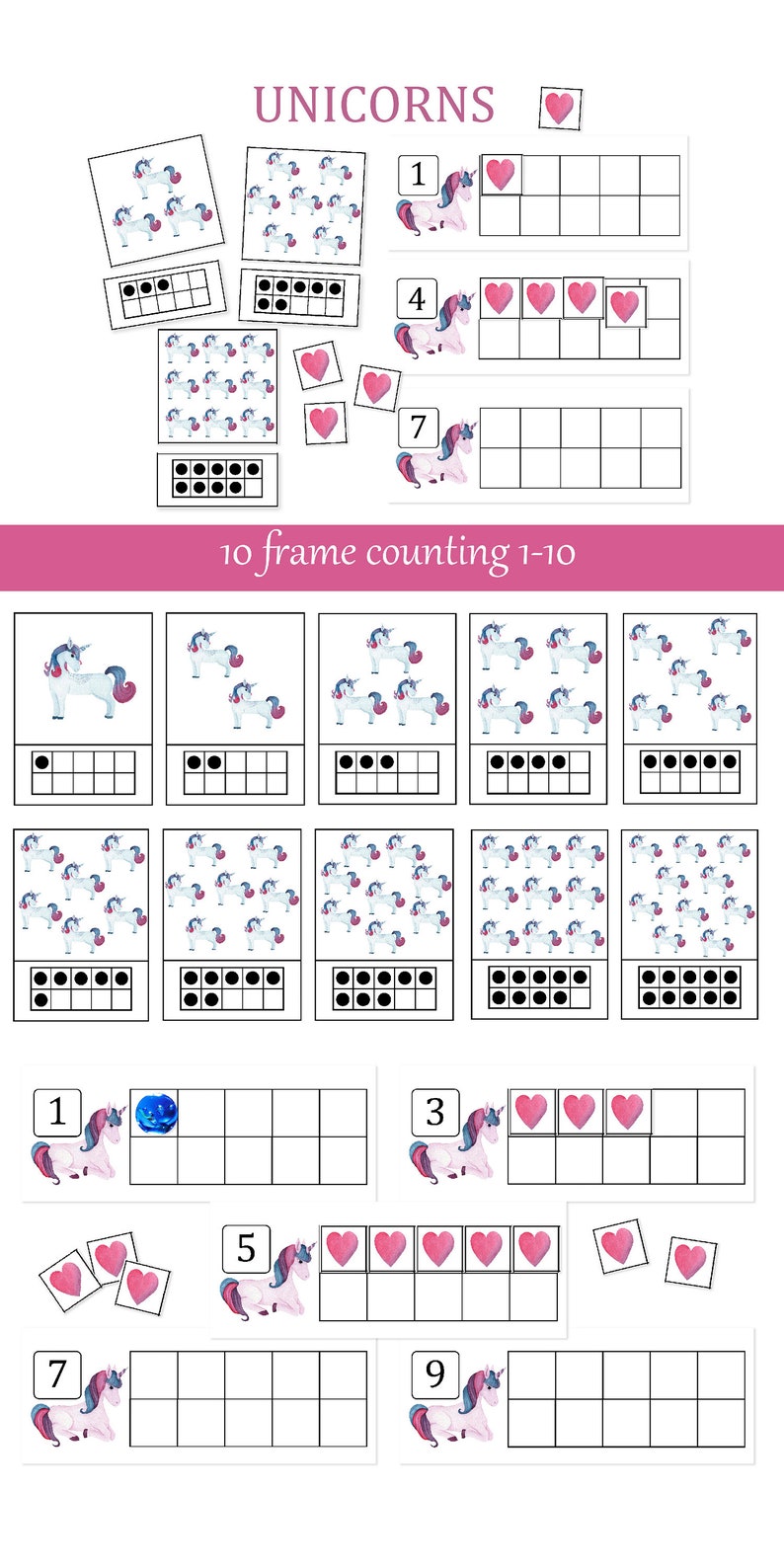 Unicorns Ten Frame Counting Flashcards Montessori Math - Etsy