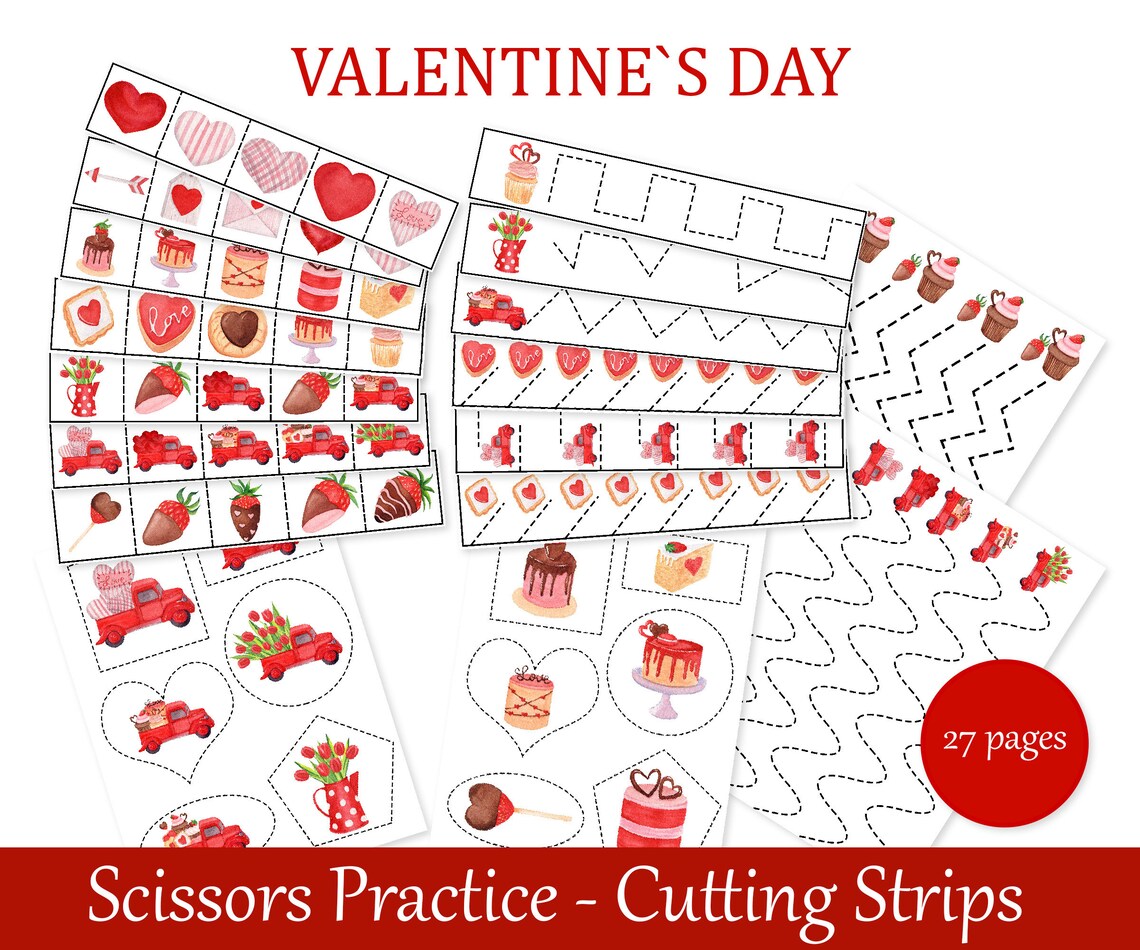 Valentines Scissors Cutting Practice, Cutting Strips for Fine Motor ...