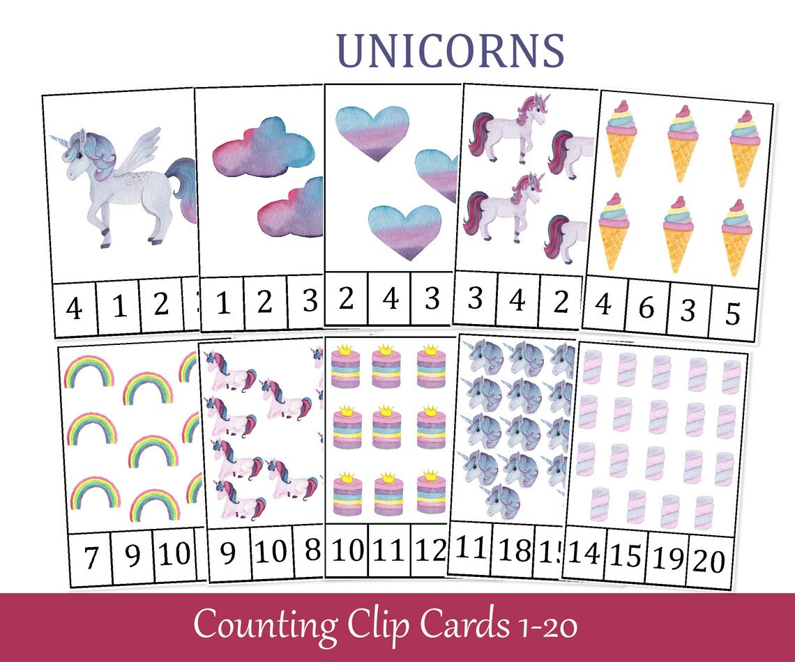 Unicorns Count and Clip Cards, Number 1 20, Flashcards, Preschool ...