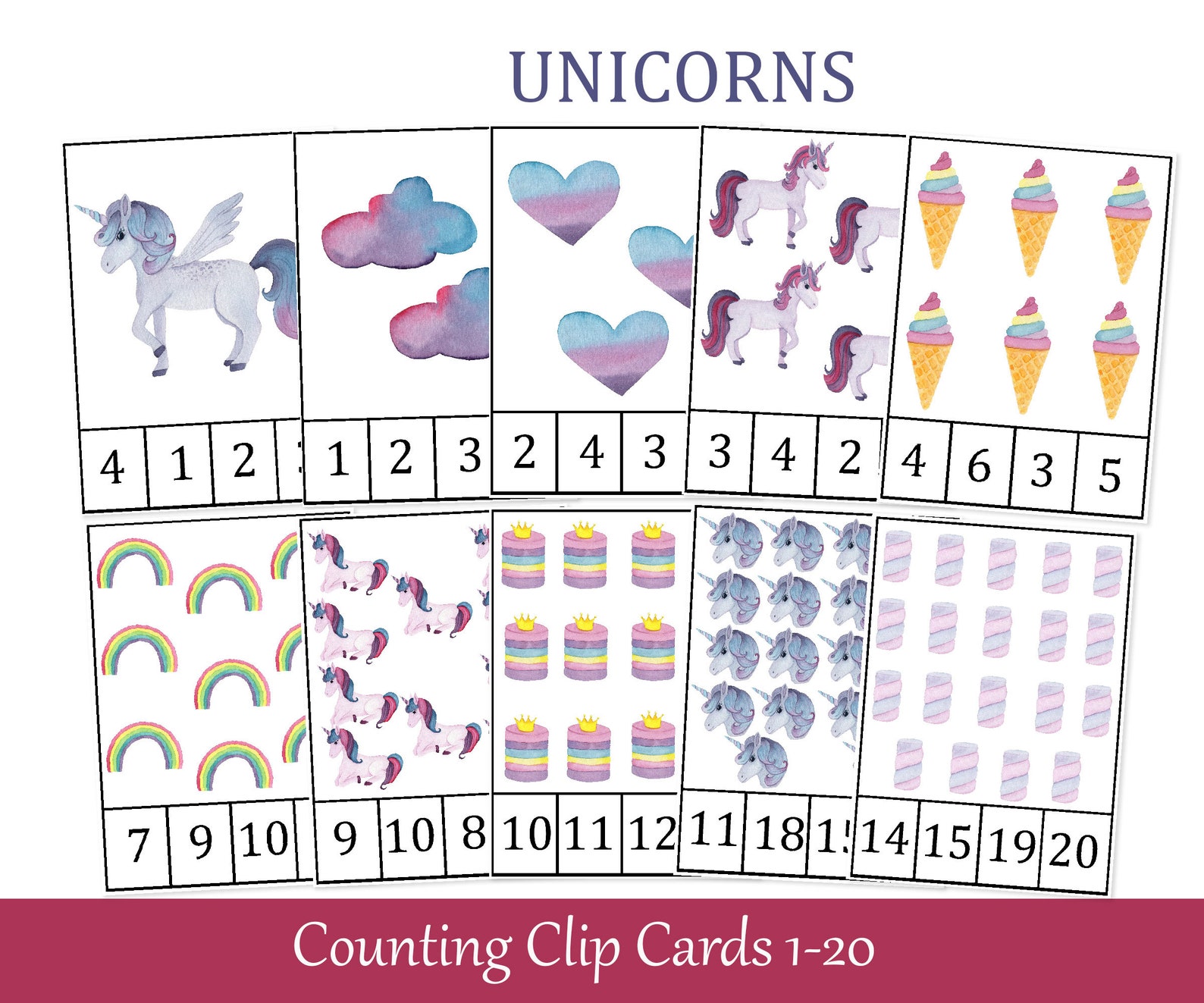 Unicorns Count and Clip Cards, Number 1 - 20, Flashcards, Preschool ...