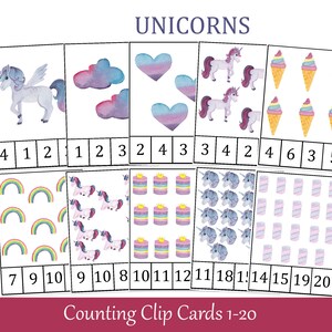 Unicorns Count and Clip Cards, Number 1 - 20, Flashcards, Preschool ...